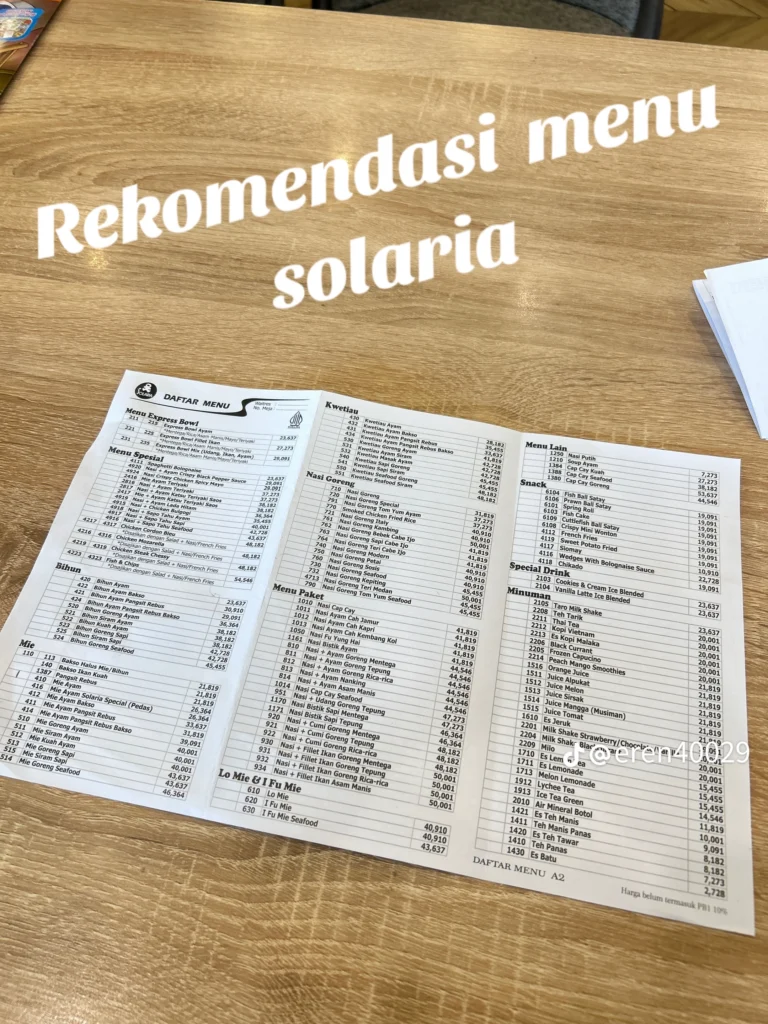 Daftar Menu Solaria Terbaru 2025 Pesan di ACI FOOD
